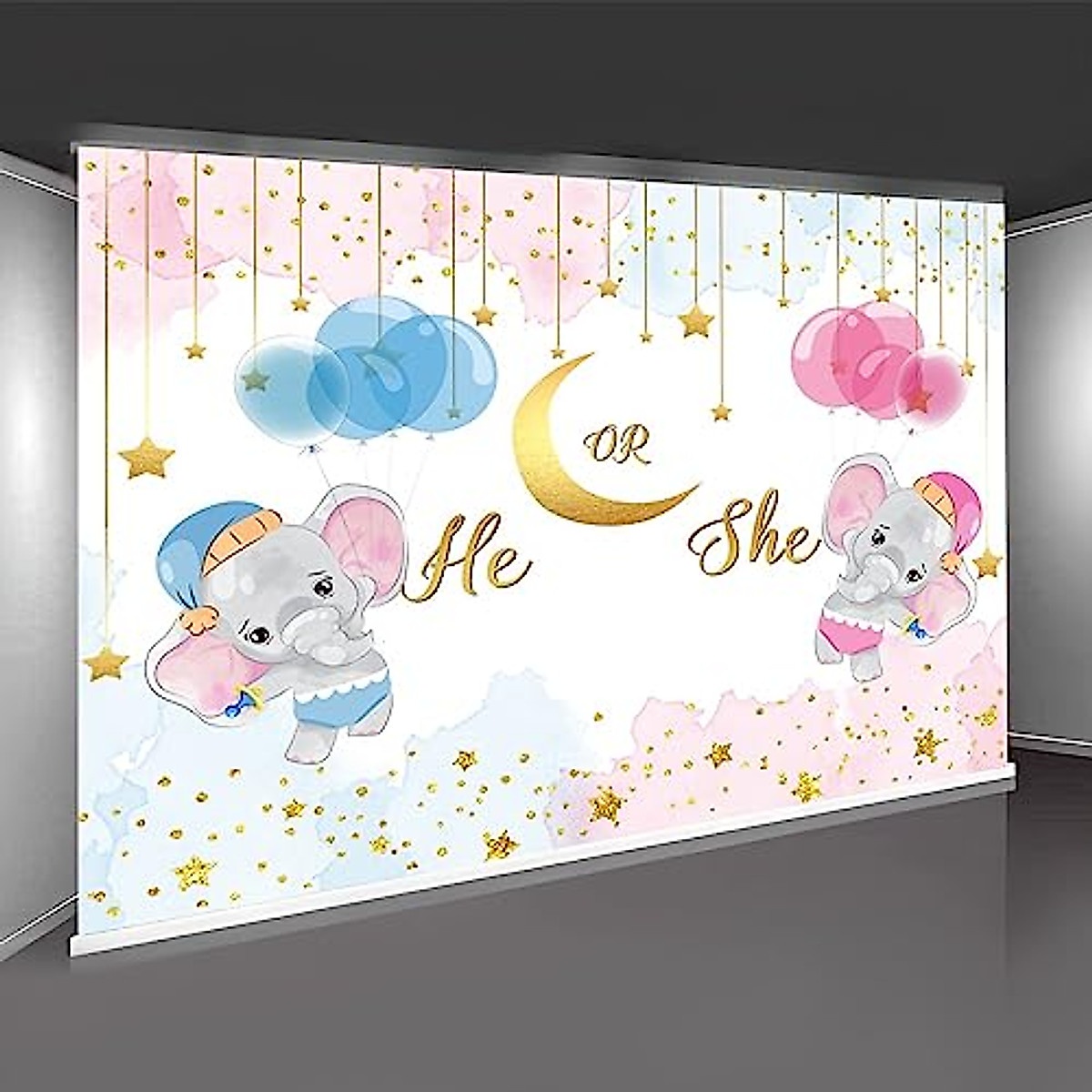 Yongfoto 6x4ft Elephant Gender Reveal Baby Shower Party Backdrop He or She What Will Baby Be Blue and Pink Balloons Gold Confetti Photography Backdrop Newborn Party Decorations Banner Studio Props