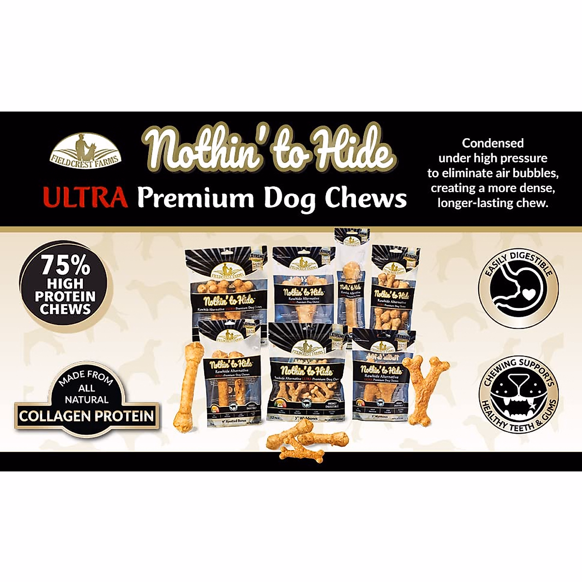 Fieldcrest Farms Nothing to Hide Natural Rawhide Alternative 3'' Wish Bones for Dogs - Digestible Rawhide Free Dog Chews Long Lasting - Bones for Small Dogs - Great for Dental Health 12 Bones