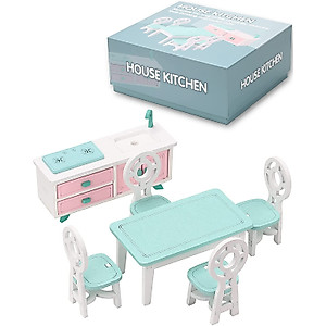 Wooden Dollhouse Furniture Set for Kids Colorful Pretend Play Toys with Wood Miniature Dining Room Doll House Accessories for Girls Boys Role Play Birthday Children's Day (PTD01)