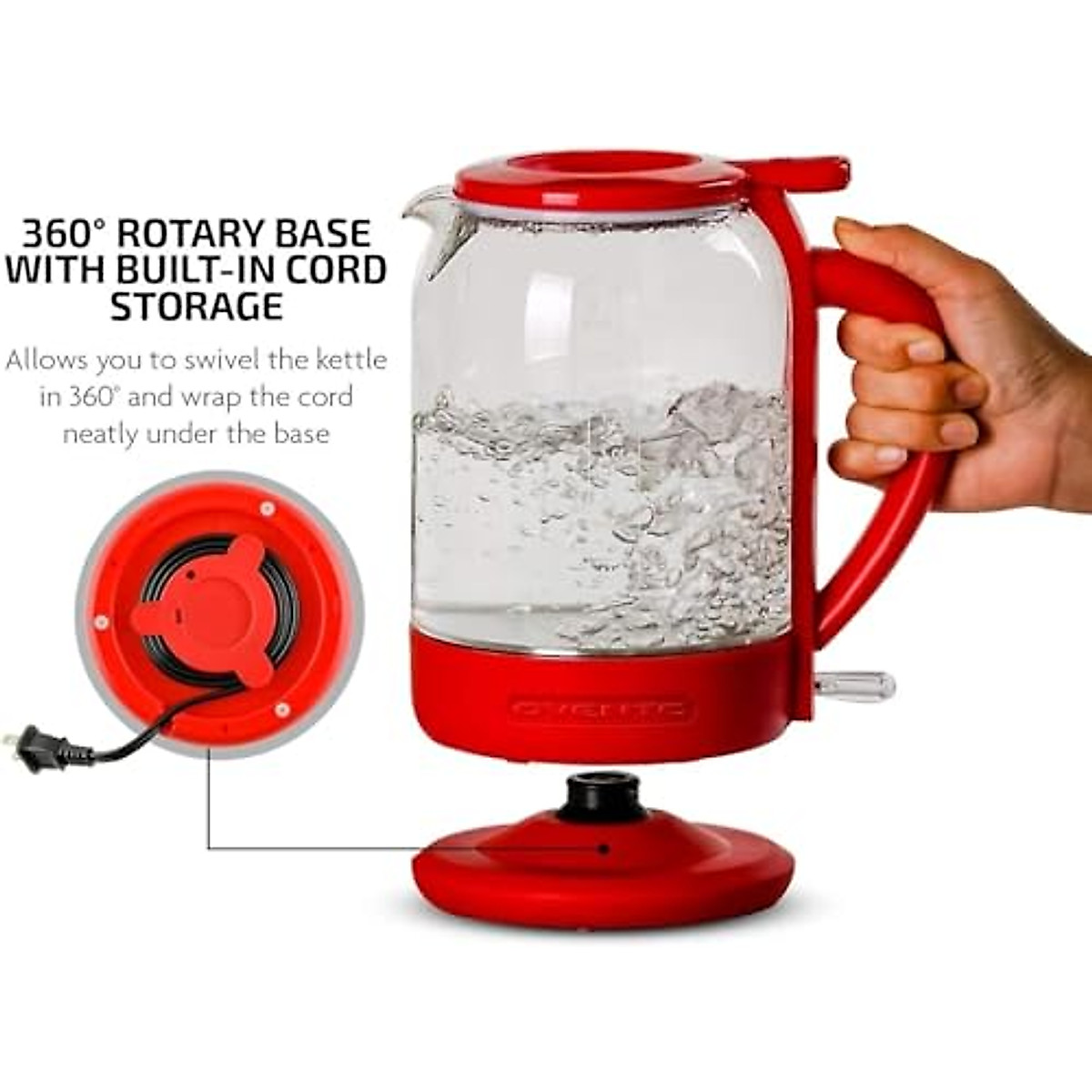 OVENTE Electric Glass Kettle 1.5 Liter 1500W Instant Hot Water Boiler Heater with ProntoFill Tech, Boil-Dry Protection, Automatic Shut Off, Fast Boiling for Tea & Coffee, Red KG516R