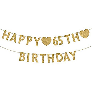 Gold Happy 65th Birthday Banner, Glitter 65 Years Old Woman or Man Party Decorations, Supplies