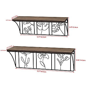 QUTREY Plant Wall Art Floating Shelves Set of 2, Minimalist Metal Abstract Decor Rustic Wooden Shelf for Living Room, Bedroom, Bathroom