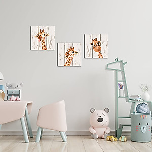 SiMiWOW Funny Giraffe Wall Art Giraffe Painting Kids Children Bedroom Living Room Nursery Wall Decor Framed Ready to Hang 12"x12"x3 Pieces
