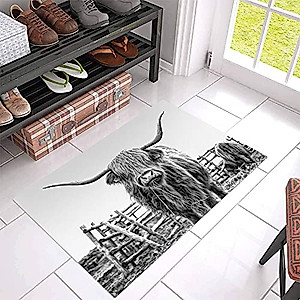 Welcome Doormat Scottish Highland Cow Gray Amimal Art White Back,Non Slip Indoor Floor Mat Bath Rug,Wildlife Entrance Carpet for Bedroom Kitchen Living Room Bathroom Decor 16x24In