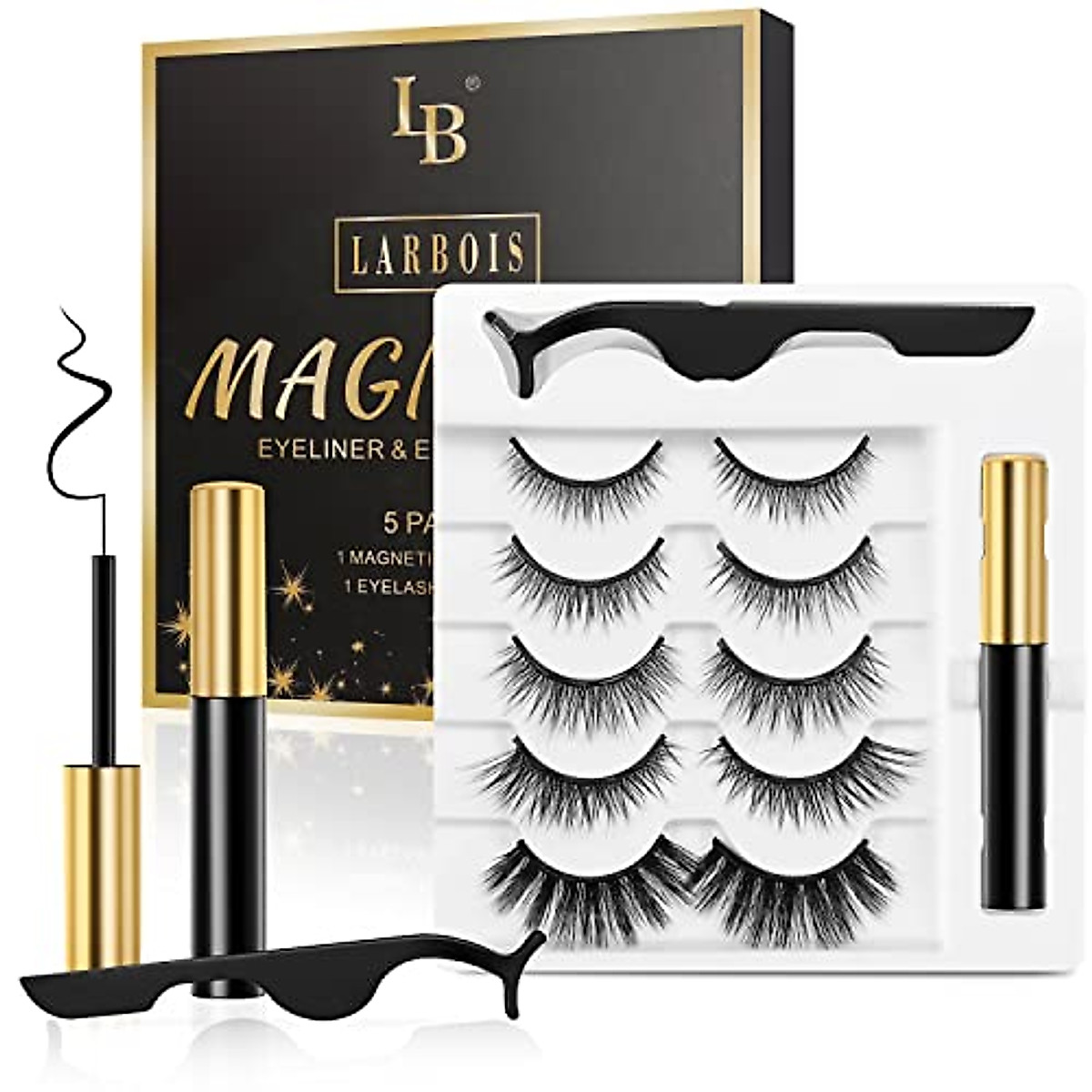 Larbois Magnetic Eyelashes 5 Pairs, Magnetic Eyelashes with Eyeliner Kit Easy to Wear, Comfortable ＆ Reusable False Lashes From Natural to Gorgeous Styles No Glue Needed