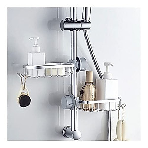 BIENKA 2 Pieces Adjustable Shower Caddy Organizer, Punch-Free Shower Caddy Shelves Slide Bar, Rustproof Aluminum Corner Shower Storage Rack (Color : Silver)