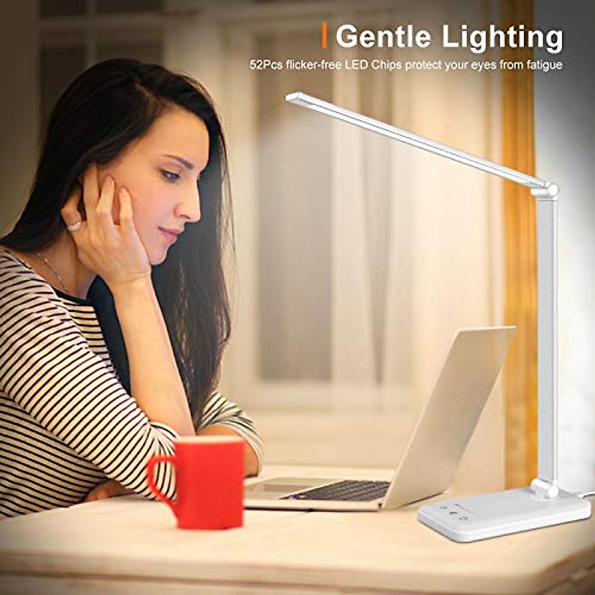 Linkstyle LED Desk Lamp, Table Light with USB Charging Port, Foldable Dimmable 5 Modes 10 Brightness Levels Touch Control Desk Light Auto Timer Eye Caring Book Reading Lamps for Home Office