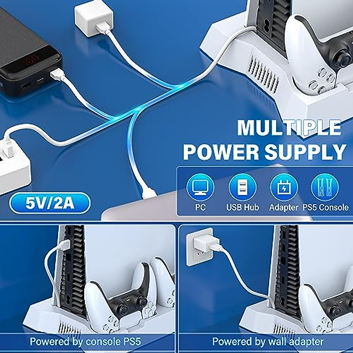 DBEPANK Stand and Cooling Station with Dual Controller Charging Station for PS5 Vertical Stand with Headset Holder for PS5 Accessories for Playstation 5 Console Cooling Fan Stand White