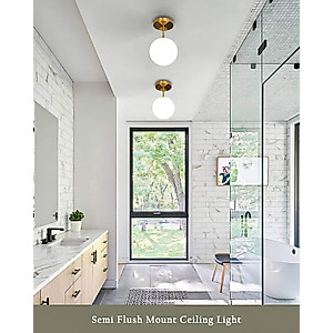 Mid Century Modern Globe Semi Flush Mount Ceiling Light Fixture Frosted Glass with Gold Brass Finish,1-Light Sphere Glass Pendant Lights for Aisle Porch Stairway Closet Kitchen Laundry Room(Bulb Incl)