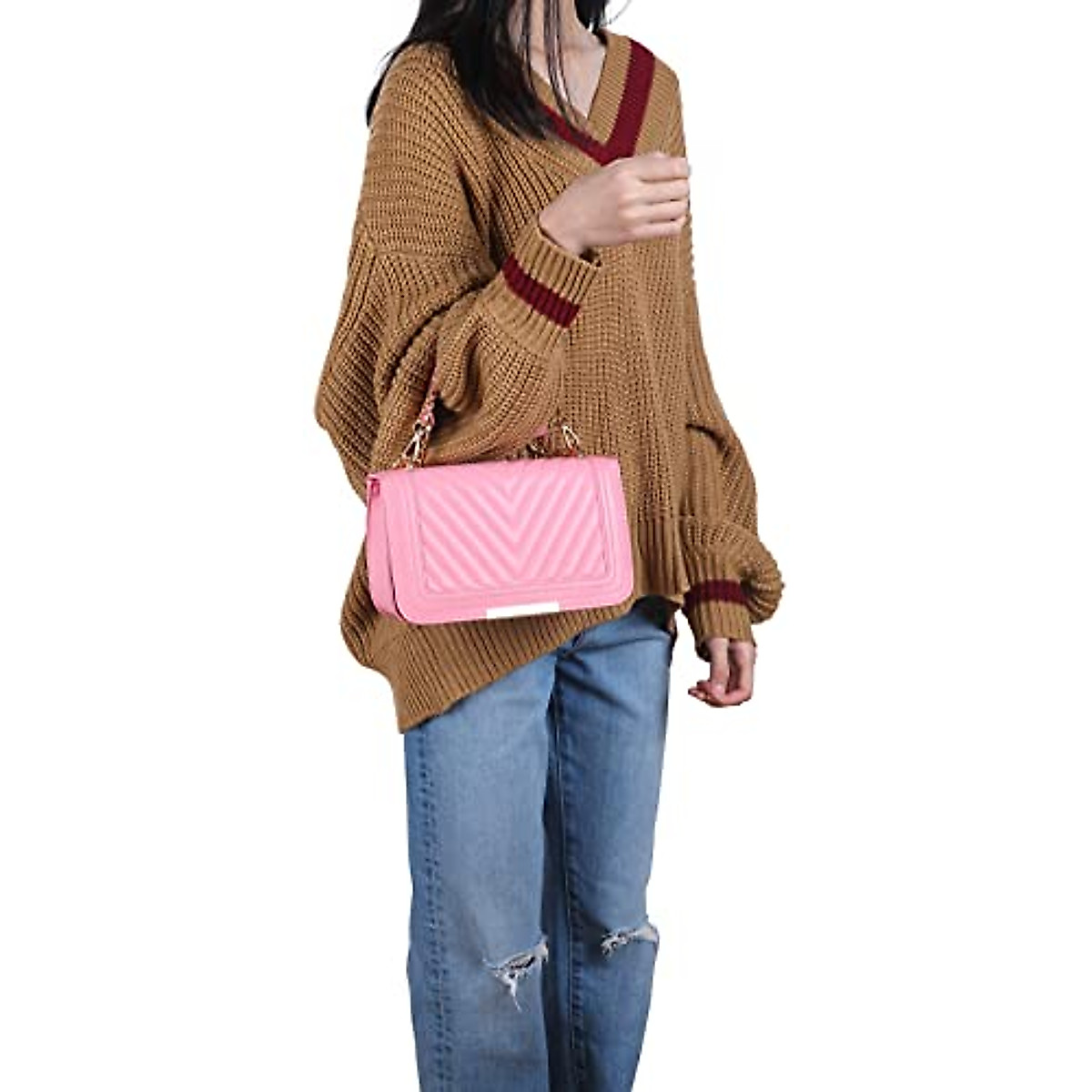 lola mae Crossbody Bags for Women Fashion Quilted Shoulder purse with Convertible Chain Strap Classic Satchel Handbag (Pink-715)