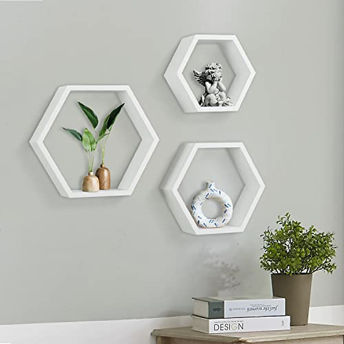 ZGZD White Floating Shelves Hexagon Wall Organizers Display Hanging Shelf for Room, Kitchen, Office, Set of 3