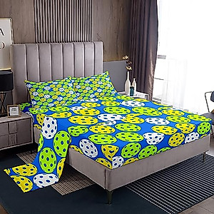 Pickleball Bed Set Ball Sports Themed Teens Sheet Set for Boys Girls Men Yellow White Green Pickleball Bed Sheets Blue Decor Sheets with 1 Pillowcase 3Pcs Bedding Twin