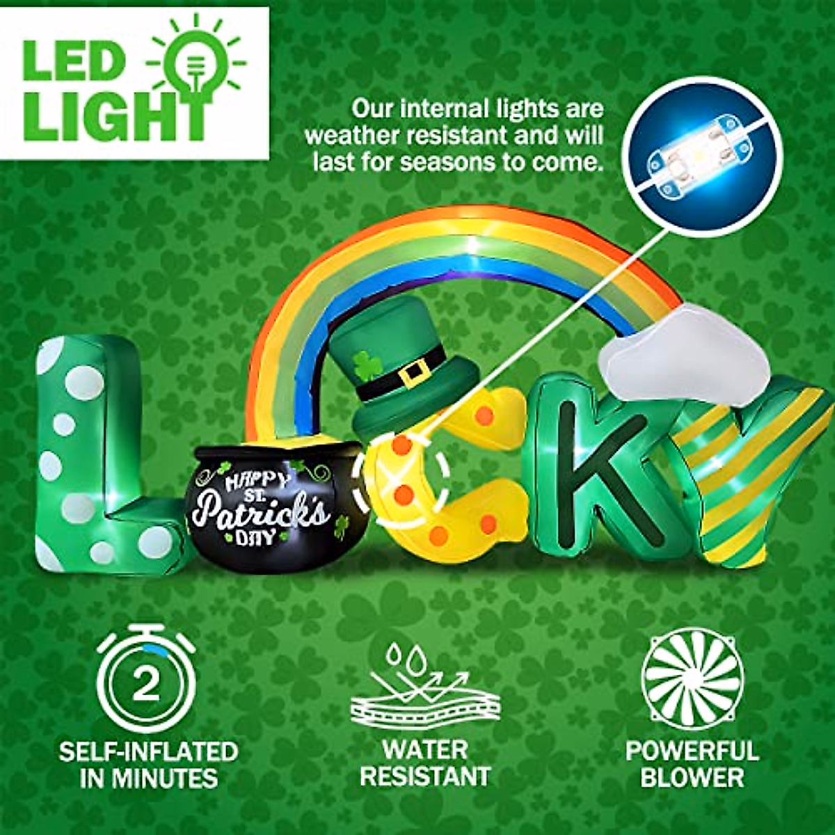 BLOWOUT FUN 6.5 Foot Long St. Patrick Day Inflatable Lucky Letters with Gold Pot and Rainbow Decoration for Indoor Outdoor Blow Up Lawn Yard Decor