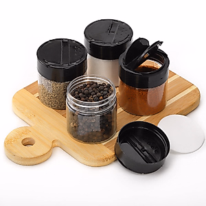 Foraineam 30 Pack Clear Plastic Jars 4 oz Mini Seasoning Bottles Spice Jars with Black Flip Cap to Pour Or Shaker, Round Food Safe Storage Containers with Lids for Spice Powders Cosmetics Crafts