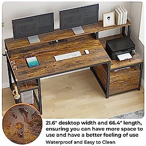 SEDETA Home Office Desk with File Drawer & Power Outlet, 66'' Computer Desk with Storage Shelves, Printer Cabinet and Monitor Shelf, Computer Table Writing Desk Workstation, Rustic Brown