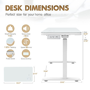 ERGOMORE Glass Standing Desk with Drawers, 45 x 23 inch Touch Control Adjustable Height Desk with Power Outlet, USB Ports & Wireless Charging, Dual Motor Sit Stand up Desk for Home & Office (White)