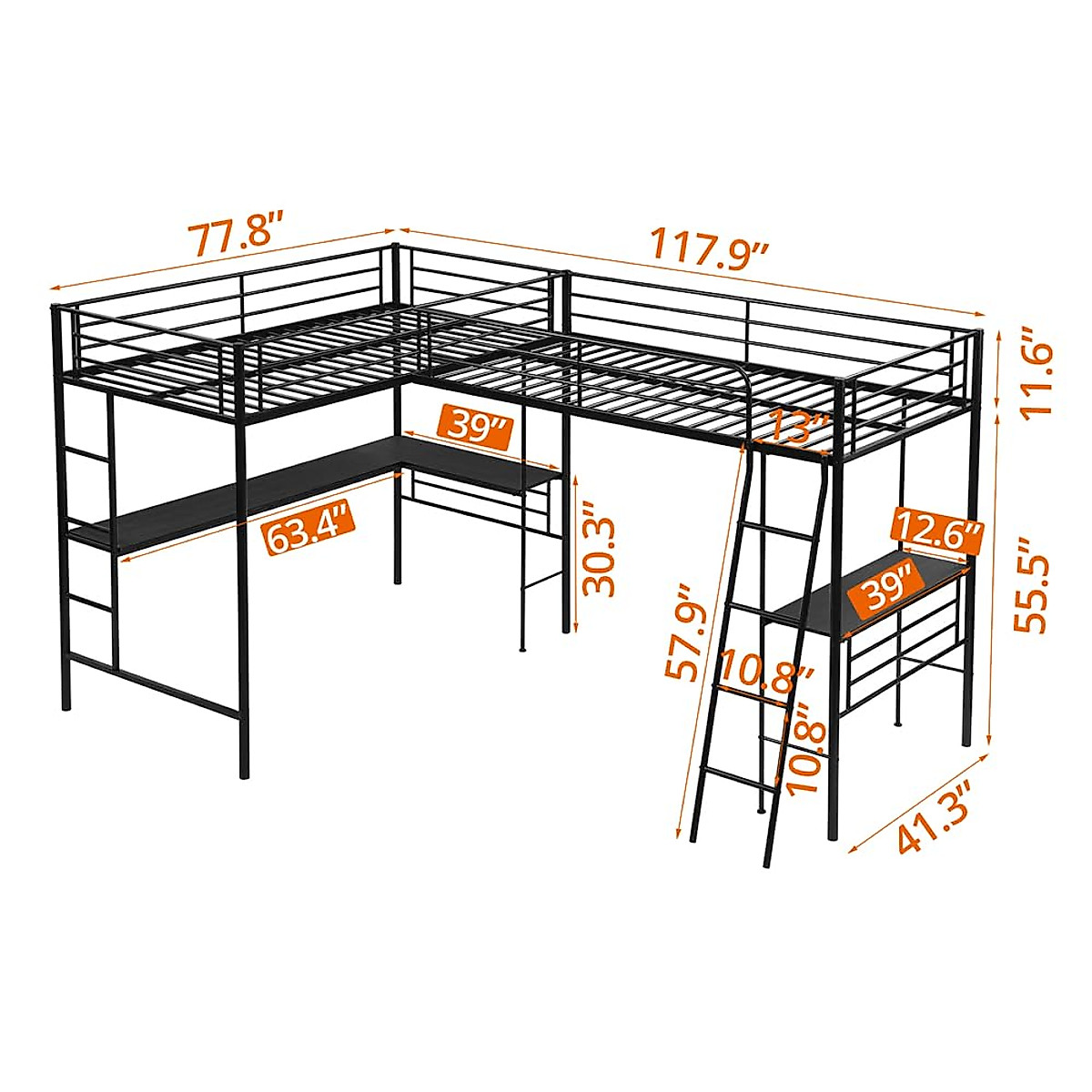 INCLAKE L Shaped Metal Loft Bed with 2 Desk, Twin Size Loft Bed with Safety Guardrail and 2 Ladder, Heavy-Duty Steel Frame Corner Twin Bed for Girls Boys Teens, Black