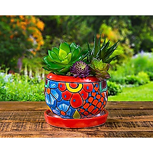 Enchanted Talavera Ceramic Succulent Pot Small Flower Planter Cactus Bonsai Pot W/Drainage Home Garden Office Desk Décor Gift (Small 4.5" x 4" with Saucer, Red)