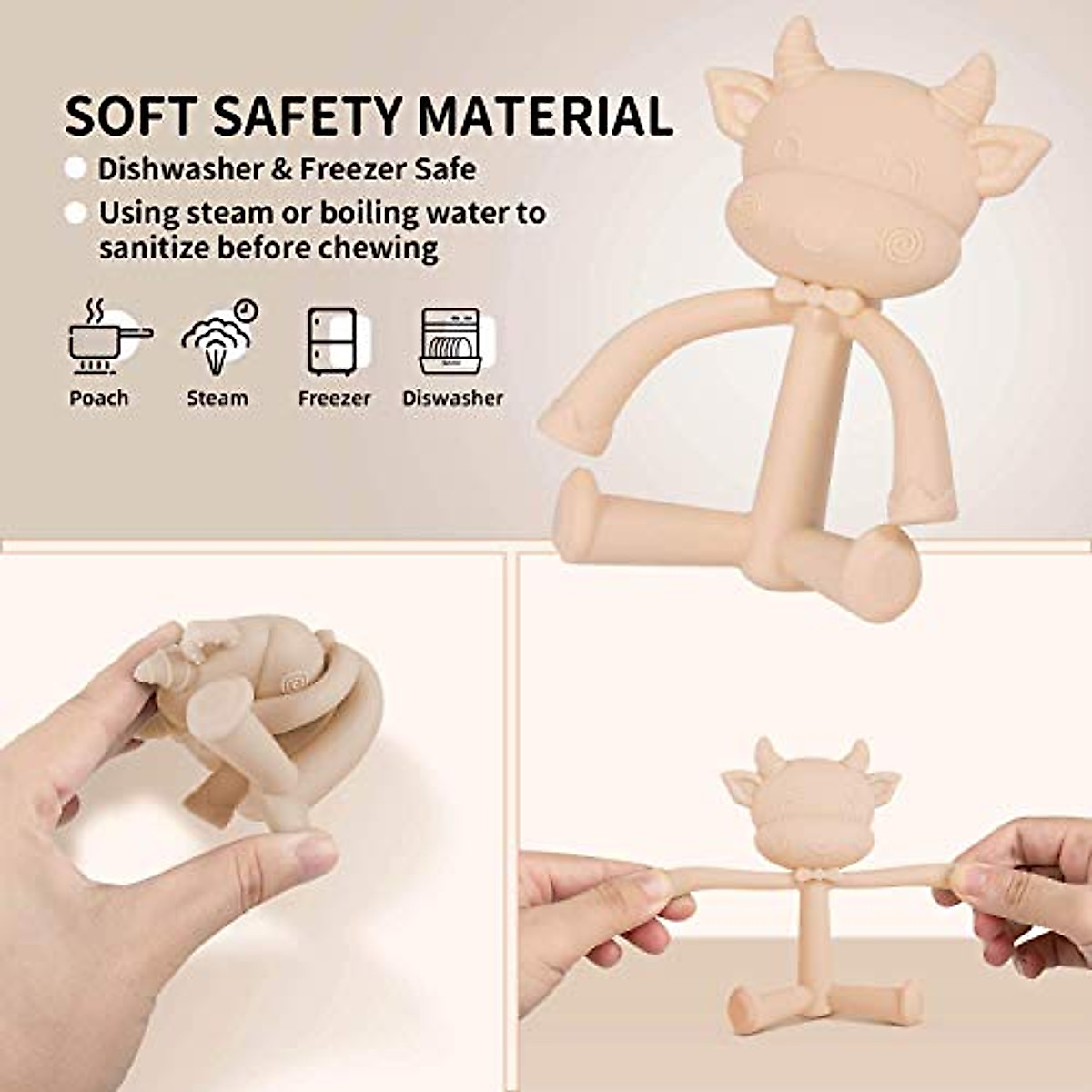 Baby Teething Toy Kids Teether 3 M+, Chewing Toy Made of Soft Food Grade Silicone,3D Supper Cute Attractive Cow Teether,Perfect Size for Baby Hands,BPA-free