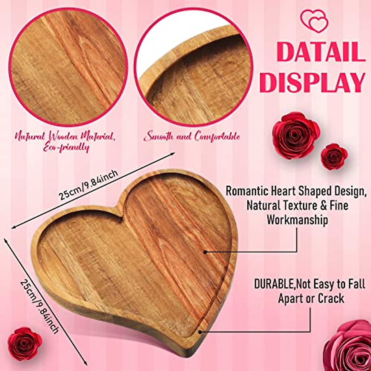 2 Pcs Heart Shape Wooden Serving Tray Plate Romantic Wedding Wooden Plate Sweetheart Table Serving Platter for Valentine Day Mother's Day DIY Unique Food Cake Snack Fruit Nuts, 9.84 x 9.84 x 0.79 Inch