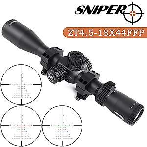 ZT4.5-18X44FFP 30mm Scope First Focal Plane Riflescope with Red/Green Illuminated Reticle Multi-Coated lenses, QTA (Quick Target Acquisition) Turrets with Lens Covers/Scope Rings