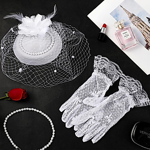 Hicarer 50s Fascinator Hat for Women Funeral Veil Hat Pillbox Cocktail Tea Party Headpiece and Lace Glove Pearl Necklace(White, Silver)