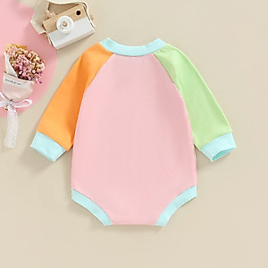 JLKGICF Baby Girl Boy Color Block Sweatshirt Long Sleeve Crewneck Sweater Romper Oversized Onesie Outfit Cute Fall Clothes(D-Green&Orange&Pink, 18-24 Months)