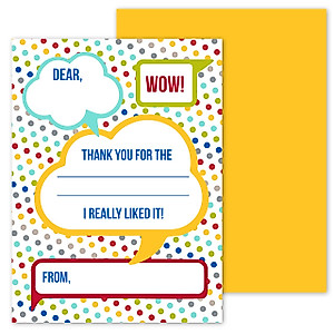 Dots and Stripes Kids Thank You Note Card Pack / 20 Fill In Childrens Colorful Thanks Cards With White Envelopes / 4 5/8" x 6 1/4" Kid Birthday Party Thank You