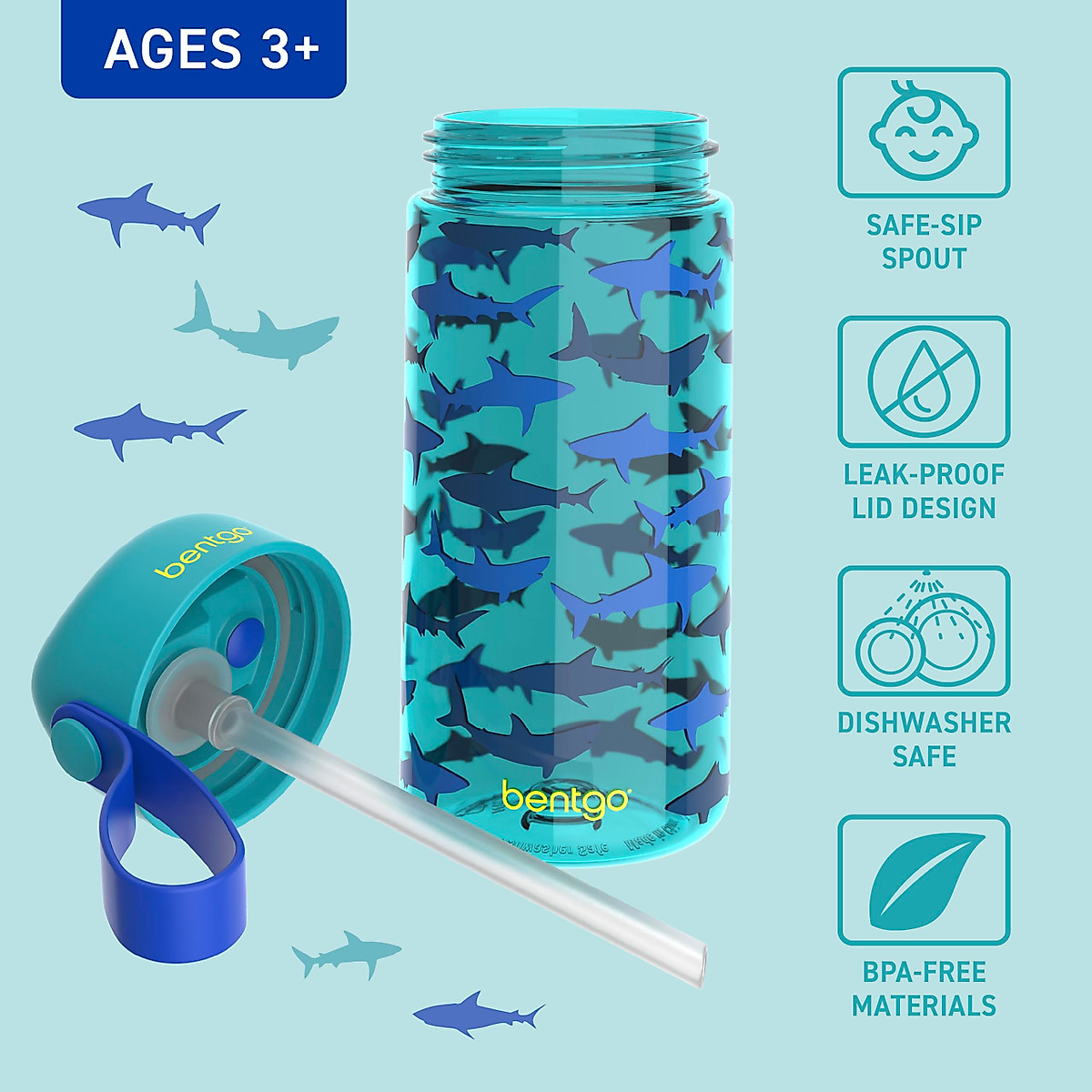 Bentgo Kids Water Bottle - Leak-Proof, Durable Tritan, BPA-Free 15 oz. Cup for Kids/Toddlers Ages 3+, Safe Sip Spout, Carrying Handle, & Dishwasher Safe for School, Sports, Daycare & Camp (Sharks)