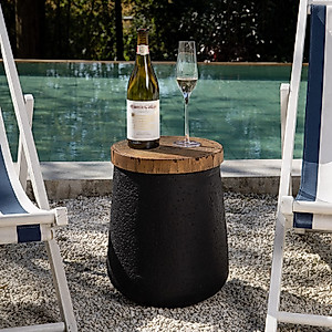 COSIEST 2 Pieces Outdoor Side Table, Set of 2 Drum End Table, Cylinder Shaped Concrete Side Table Faux-Wood Top, Black Outdoor Accent Table with Tree Trunk Slice Hand Painted, Accent Stool