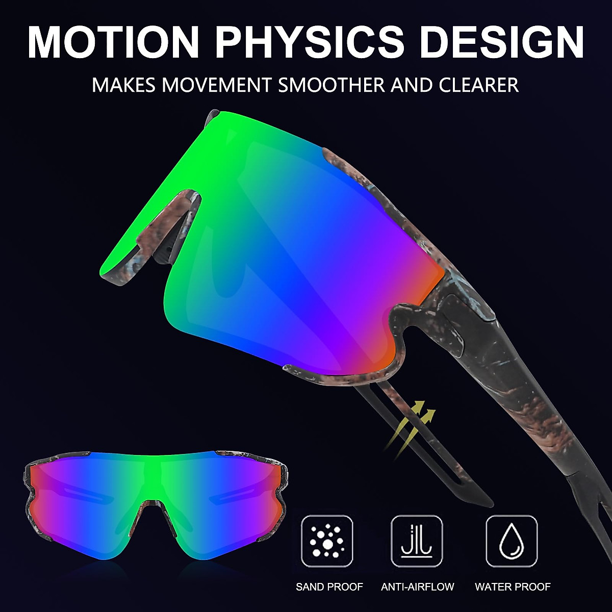 OULAIQI Baseball Sunglasses for Men Women with 3 Interchange Lens Watertransfer Motorcycle TR90 Cycling Glasses