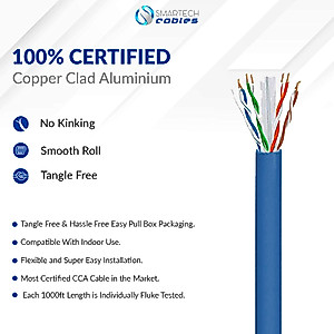 Smartech Cables CAT6 Plenum Cable 1000ft (CMP) | Bulk Ethernet Cable 1000ft | 23 AWG, 550MHz 4Pair UTP 10GB Internet Cable | Quality Tested Ideal for Networking & Stable Performance (Blue)