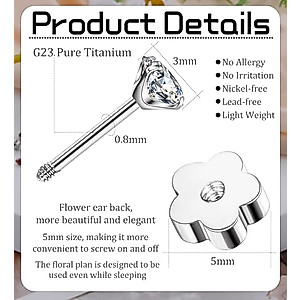 Enticera 3mm G23 Titanium Earrings for Sensitive Skin Handmade Flower Screw Back 5A+Cubic Zirconia Earrings 20g 14K Gold Hypoallergenic Nap Earrings for Helix Cartilage Piercing White