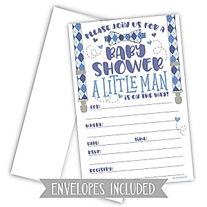20 Count - Little Man Baby Shower Invitations for Boys - Envelopes Included