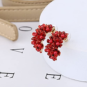 Wgoud 2 Pairs of Bohemian Style Metal Flower Hoop Earrings - Stylish Gold Plated Colorful Pearl Blossom Floral Hoops Earring Jewerly for Women Girls (RedA)