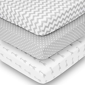 BaeBae Goods Premium Crib Sheets for Baby Boys and Girls, 4 Pack, Soft and Breathable Jersey Knit Fitted Sheet Set, Grey and White, Cute Gender Neutral Nursery Mattress Bedding, Universal Fit