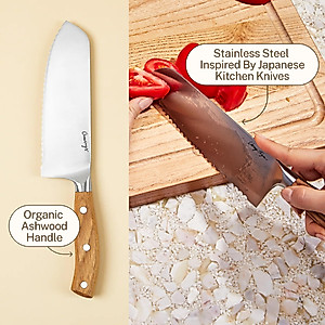 Cravings Go-To Santoku Knife – 7-Inch Serrated Stainless Steel Blade with Organic Ashwood Handle, Ideal for Slicing, Dicing, and Carving – A Must-Have Kitchen Essential by Chrissy Teigen
