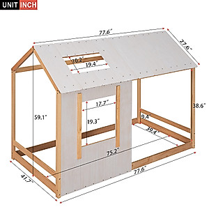 Twin House Bed for Kids, Wooden Twin Floor Bed Frame with Roof and Window, for Girls Boys (Twin Size, Natural+Antique White)