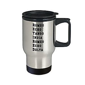 Funny Retired Military Travel Coffee Mug – US Army USA Navy Marine USAF Air Force Coast Guard Retirement - Alphabet Mug Phonetic Armed Force Police Cup