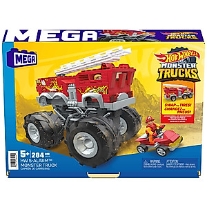 MEGA Hot Wheels Monster Trucks Toy Car Building Set, HW 5-Alaram Fire Truck with 284 Pieces, 1 Micro Action Figure Driver, Red, Kids Age 5+ Years