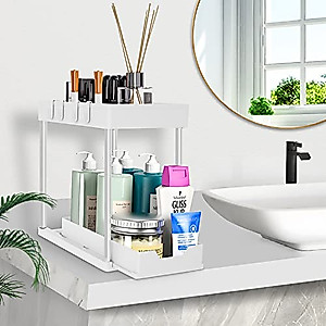 Royacon Under Sink Organizer, Sliding Under Bathroom Cabinet Storage Drawer Organizer with Hooks, Hanging Cup 1PACK