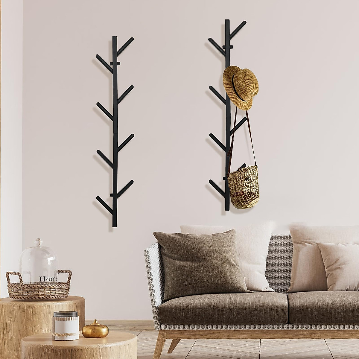 Vertical Coat Rack Wall Mount 2 Pack , Black Hat Rack for Wall with 16 Hooks, Hat Hooks, Wall Mounted Coat Hooks Organizer for Clothes Bags Scarves, Floating Coat Rack for Entryway Bedroom Living Room