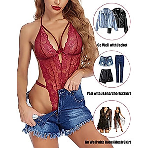 Avidlove Women Lingerie Sexy Deep V Lace Bodysuit Strappy One Piece Teddy Babydoll Dark Red XX-Large