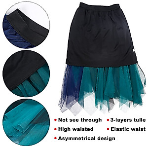 Women's Tulle Skirt A-Line High Low Asymmetrical 3 Layered Midi Length Elastic Waist Tutu Skirts (Black Green)