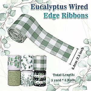 30 Yards Eucalyptus Wired Ribbon Sage Green Leaves Burlap Ribbons Greenery Decorative Ribbon Checkered Stripe Ribbon for Wedding Party Bridal Bouquets Spring Bow Wreath Making DIY Crafts