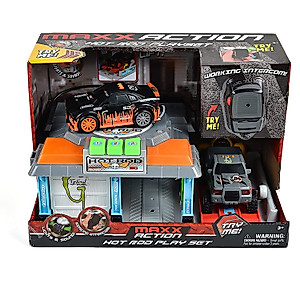 Hot Rod Garage - Lights and Sounds Toy Set for Kids | Working Intercom with Open and Close Parking Garage and Vehicle Lift | Playset Includes Pick Up Truck and Sports Car with Friction Motor