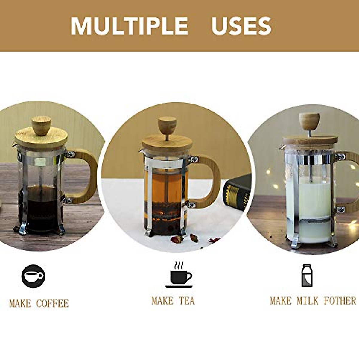 Sivaphe 12 oz French Press Coffee/Tea Maker Single Cup Espresso Press Stainless Steel Filter 0.35L High Borosilicate Carafe Durable Bamboo Handle Small Coffee Maker