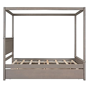 WADRI Modern Full Size Canopy Platform Bed with 2 Drawers and Trundle Bed, Wood Canopy Platform Bed with Support Slat, 4-Post Canopy Platform Bed Frame for Kids Teens Adult, No Box Spring Needed