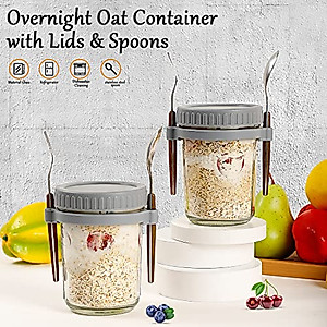 ZCXQM Overnight Oats Containers with Spoon and Fork, 2 Pack 10 oz Mason Jars with Lids for Overnight Oats, Breakfast On the Go Cups Reusable for Milk, Cereal, Fruit(Grey)