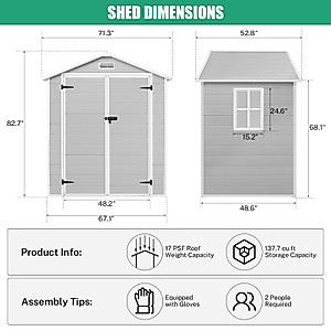 Seizeen 6x4.4FT Outdoor Resin Shed with Reinforced Floor, All-Weather Plastic Shed with Lockable Door, Window & Vents, Garden Tool Sheds & Outdoor Storage Clearance for Garden Patio Lawn (Gray)